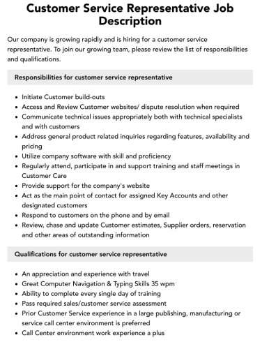 √ Customer Support Representative Duty List Template