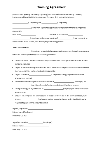 √ Printable Employee Training Agreement Template