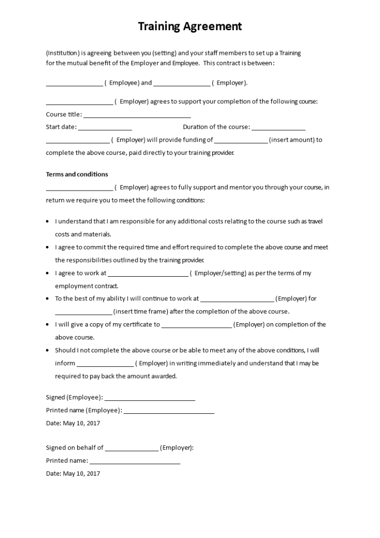√ Printable Employee Training Agreement Template