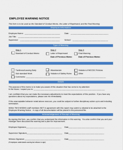 √ Free Printable Employee Warning Form