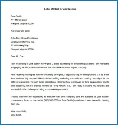 √ Free Printable Employment Letter Of Intent Template