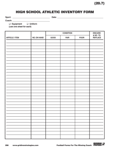 √ Football Equipment Sign-out Sheet Template
