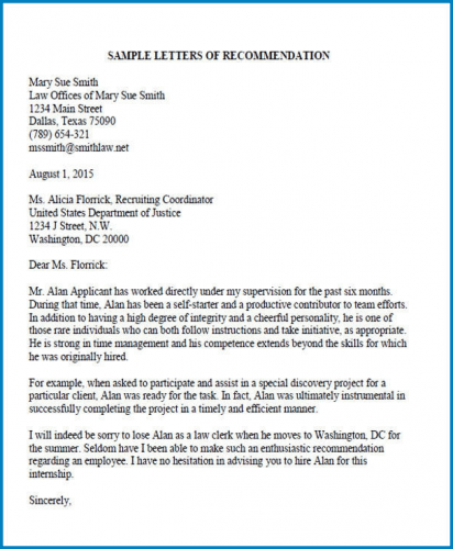 √ Law School Letter Of Recommendation Template