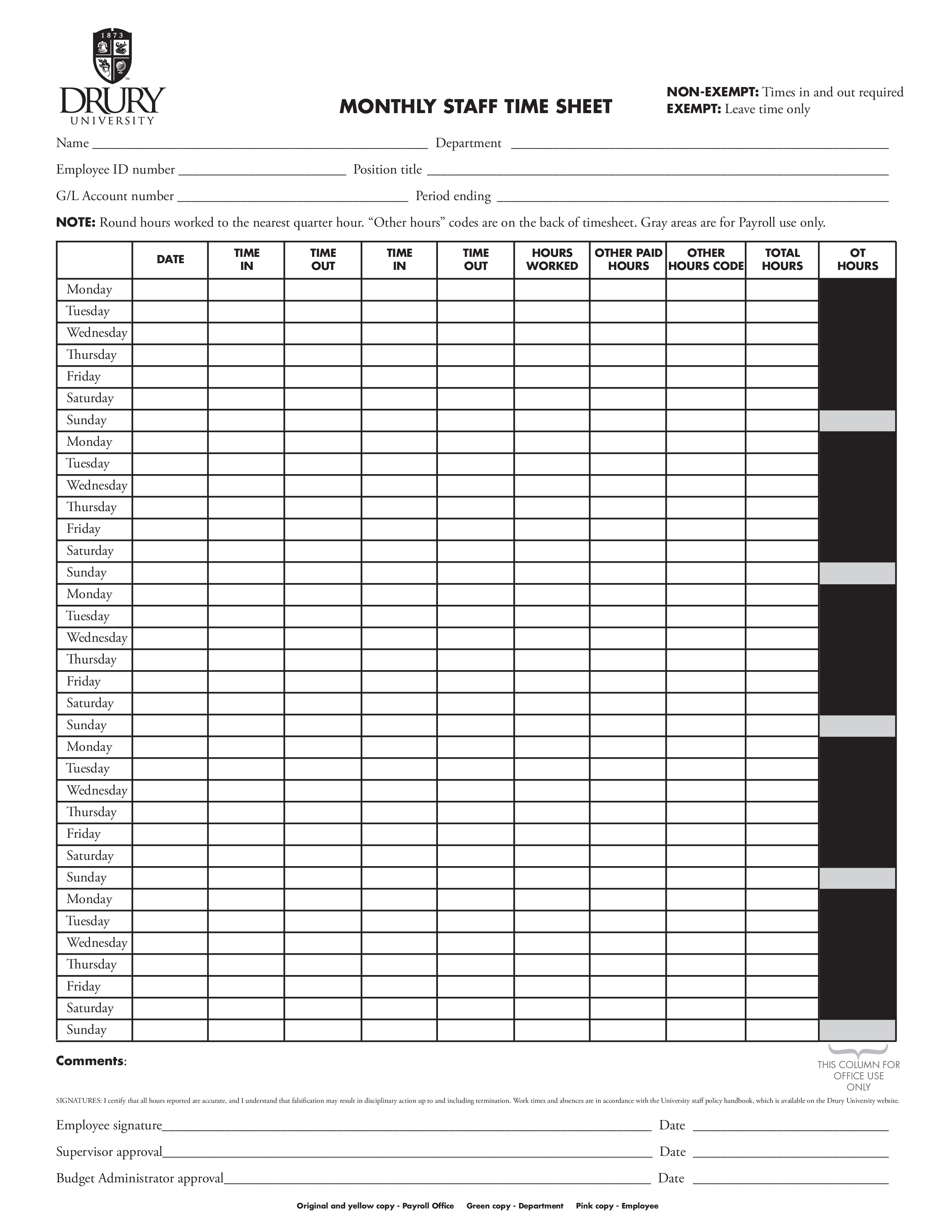  Free Printable Monthly Timesheet PDF Templateral