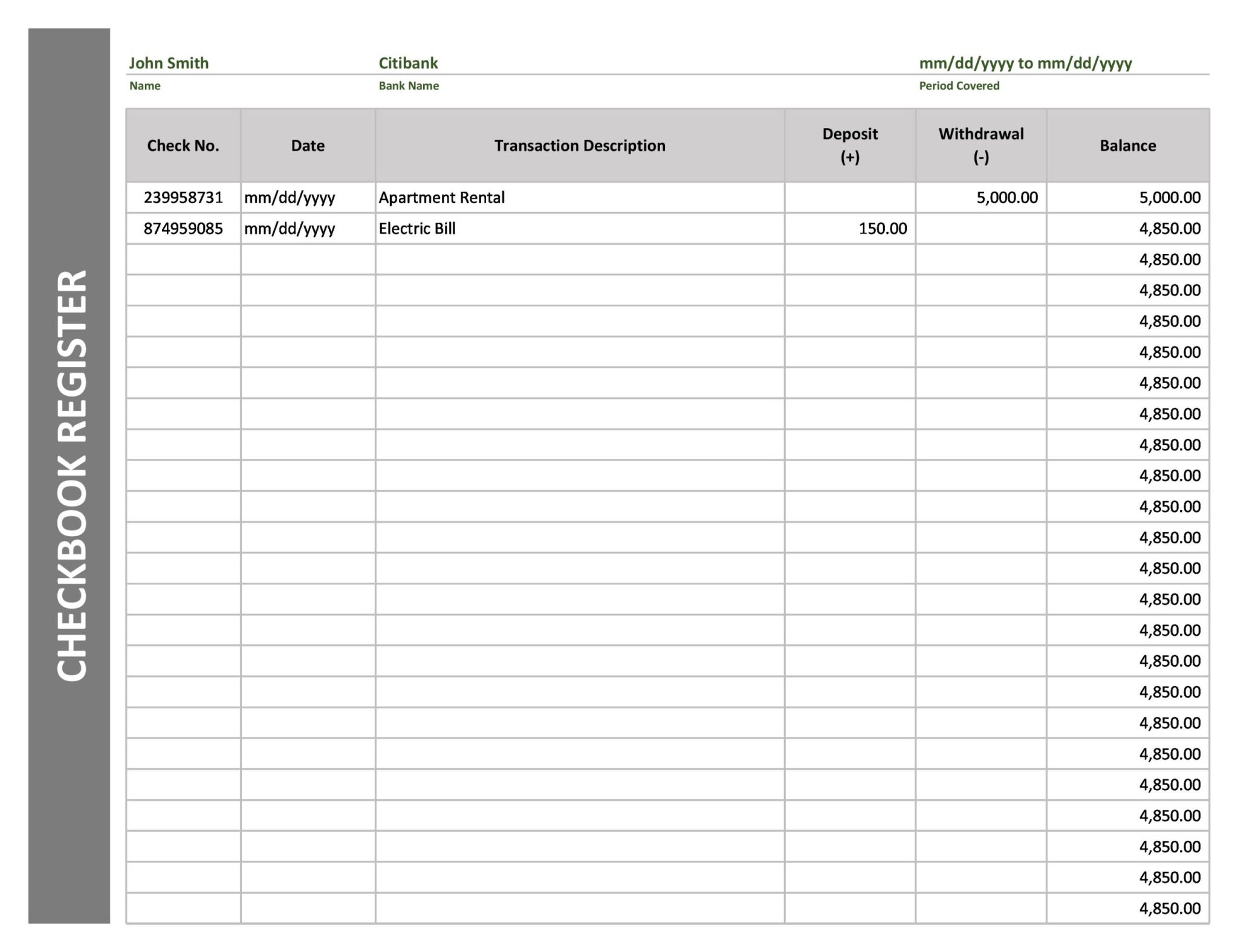 √ Personal Financial Transaction Register Template
