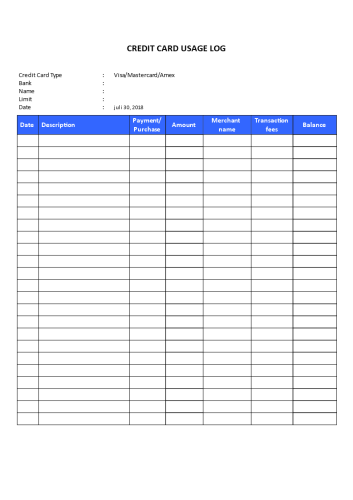 √ Printable Credit Card Use Log Template