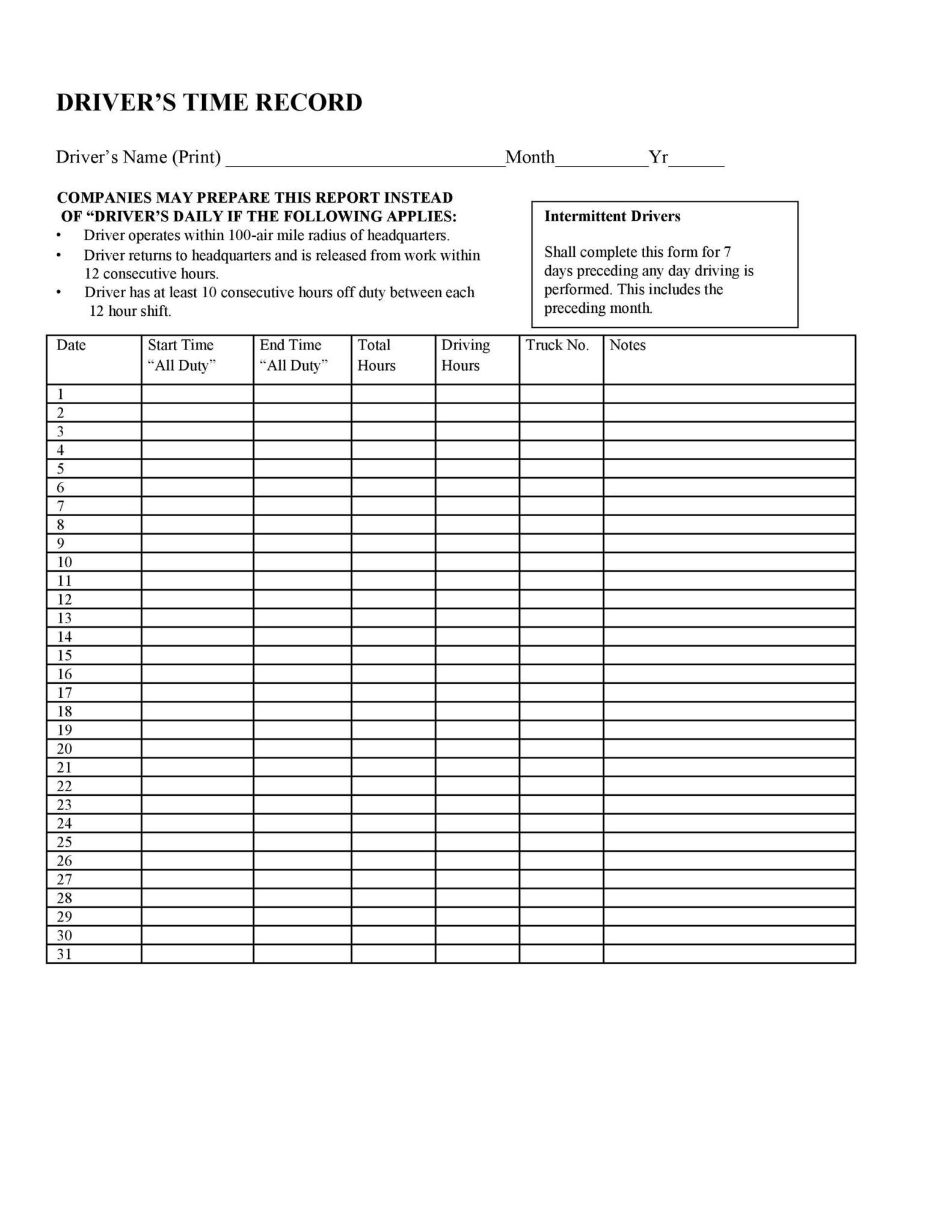 √ Printable Driver Log Template