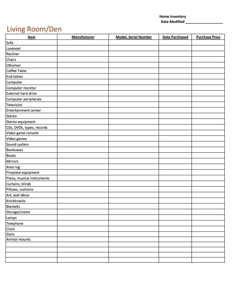 √ Printable Home Inventory Template
