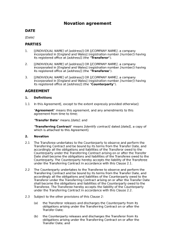 Example of Printable Novation Agreement Template | Templateral