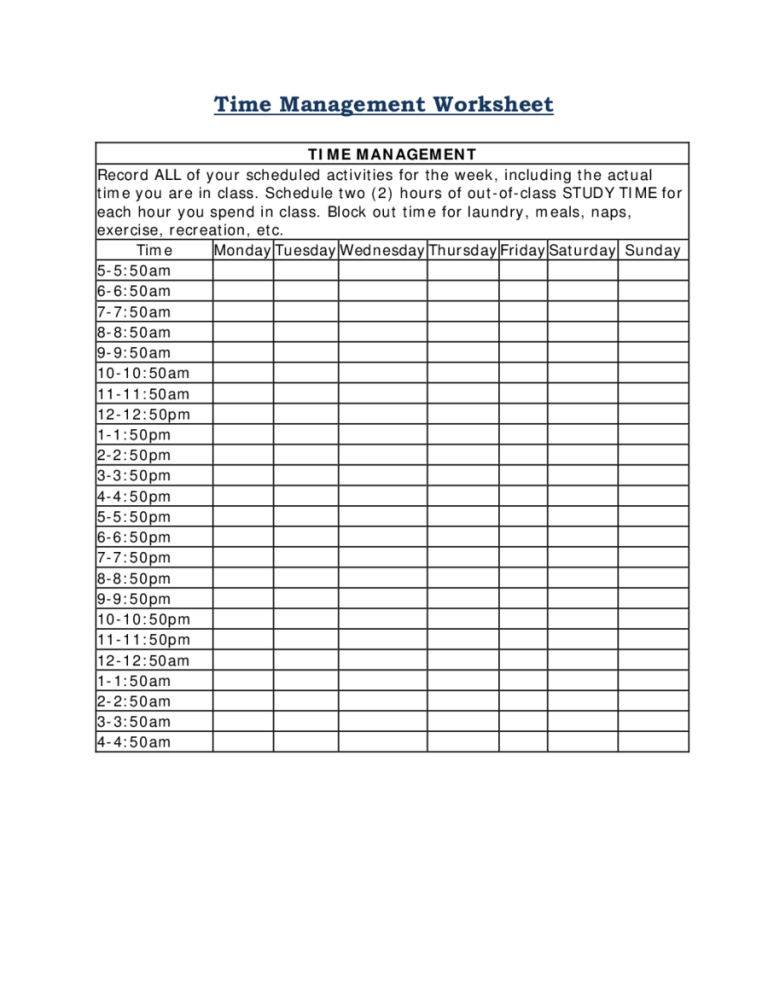 Example of Printable Time Management Worksheet Template | Templateral