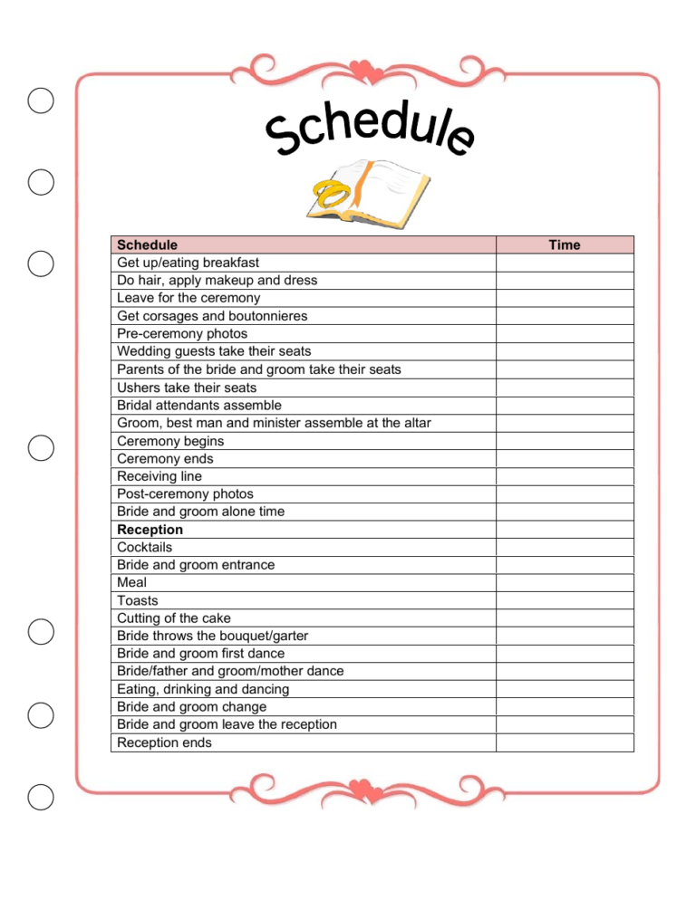 Example of Printable Wedding Schedule Template | Templateral
