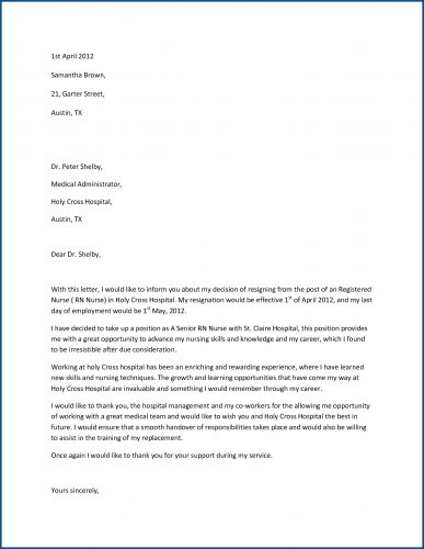 Example of Resignation Letter For Nurses | Templateral