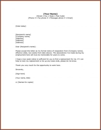 √ Free Printable Resignation Letter Two Weeks Notice