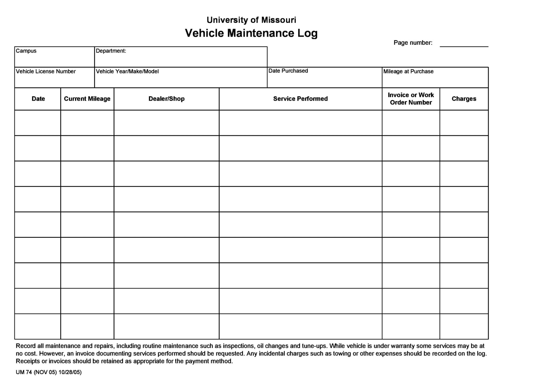 √ Vehicle Repair Record Worksheet Template (Excel)