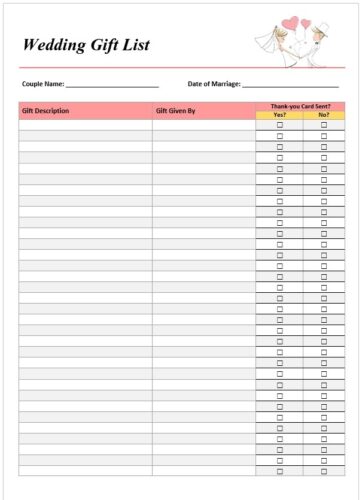 √ Wedding Gift List Template