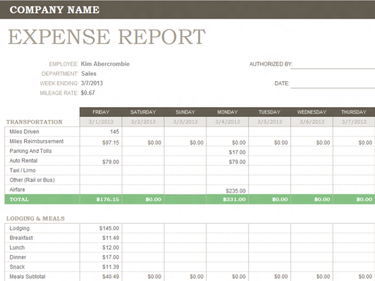 √ Weekly Expense Report Template
