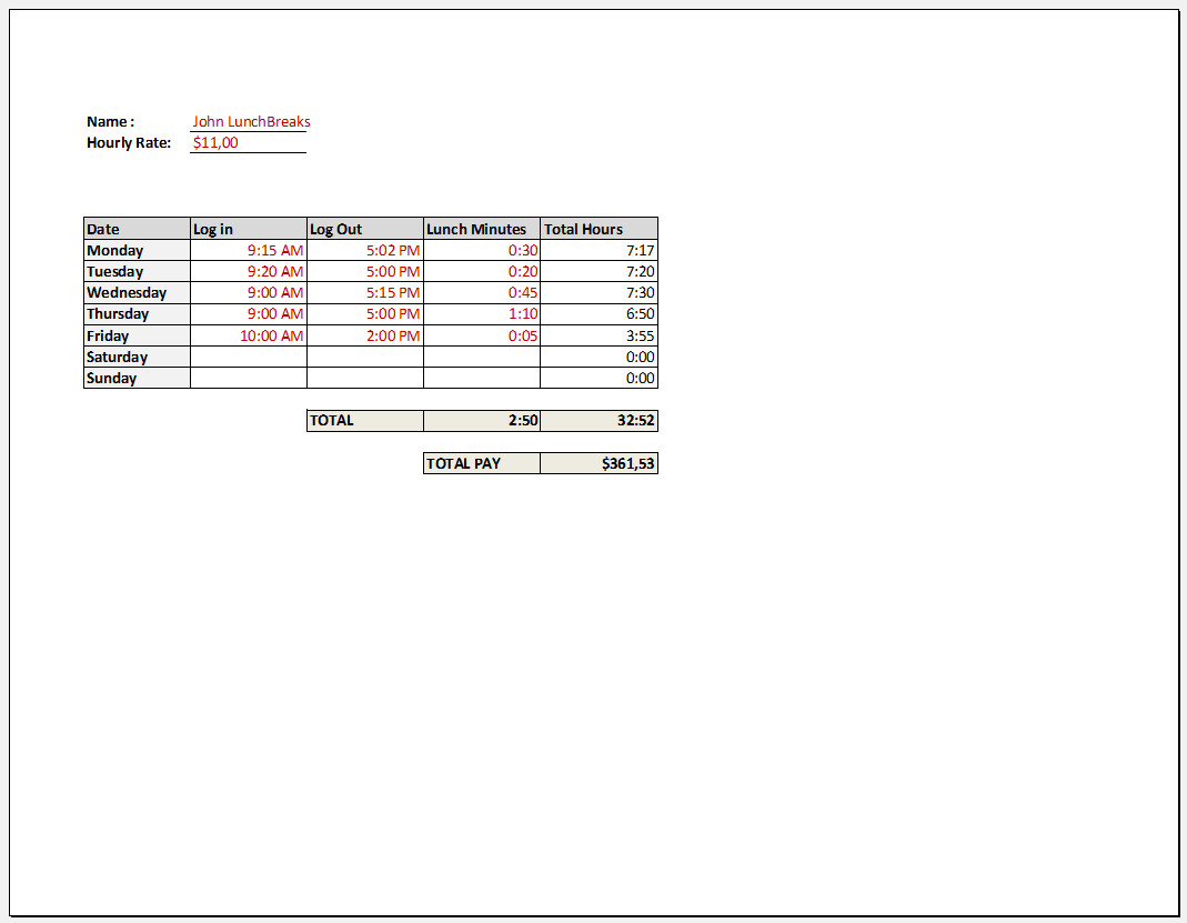  Free Excel Timesheet Formula With Lunch Break 