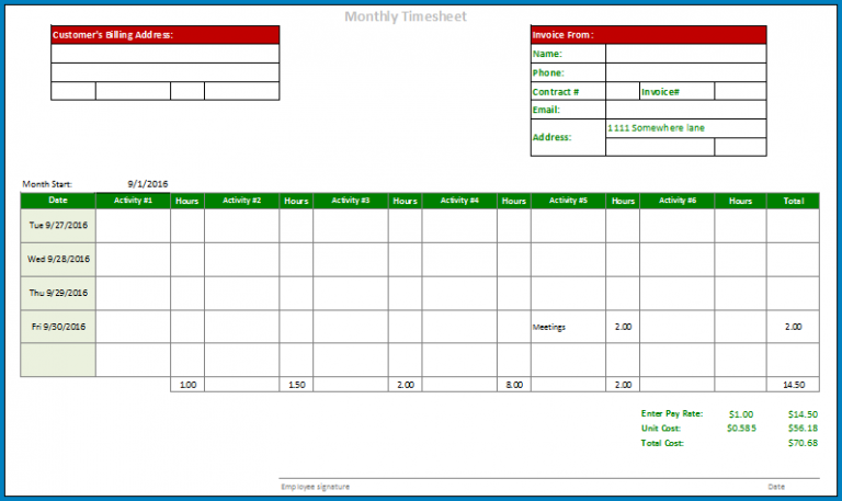 √ Free Printable Excel Timesheet Template Monthly