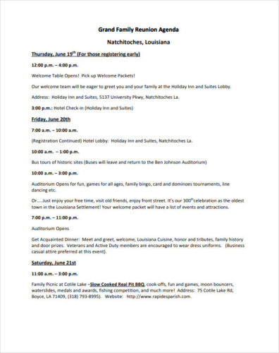 √ Printable Family Reunion Agenda Template