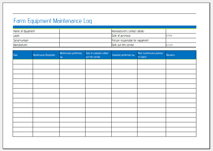 √ Farm Equipment Maintenance Log Template (Excel)