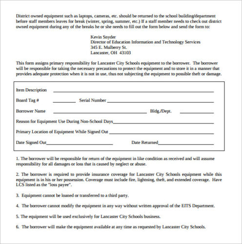 √ Football Equipment Sign-out Sheet Template