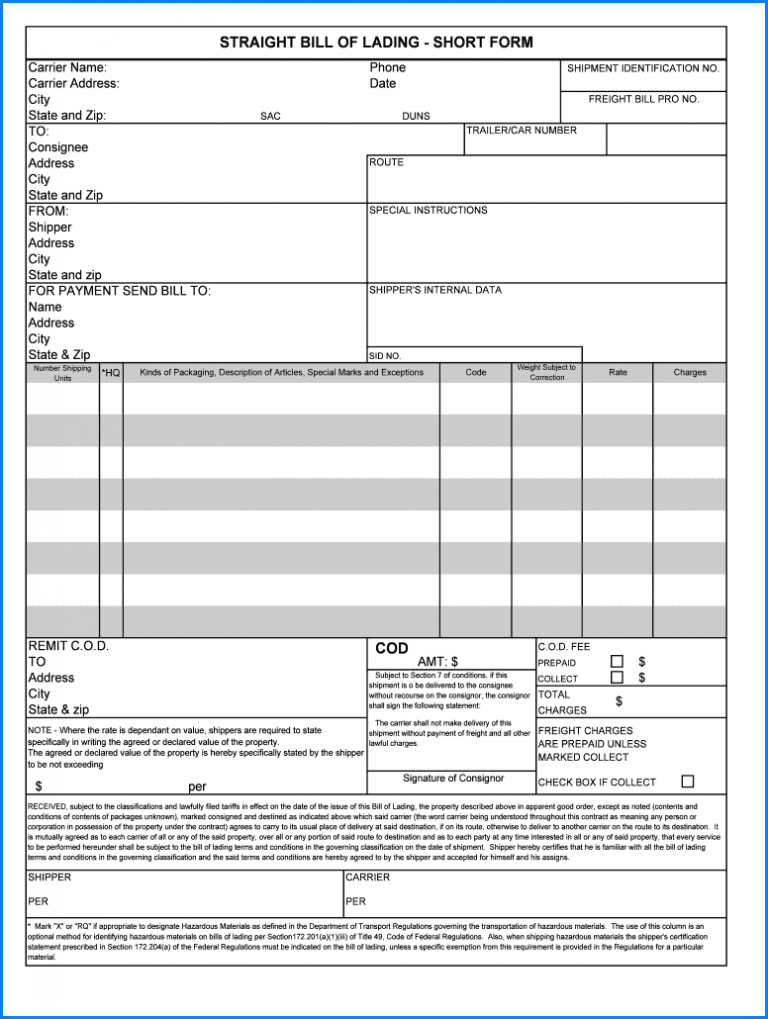√ Free Printable Generic Bill Of Lading Form