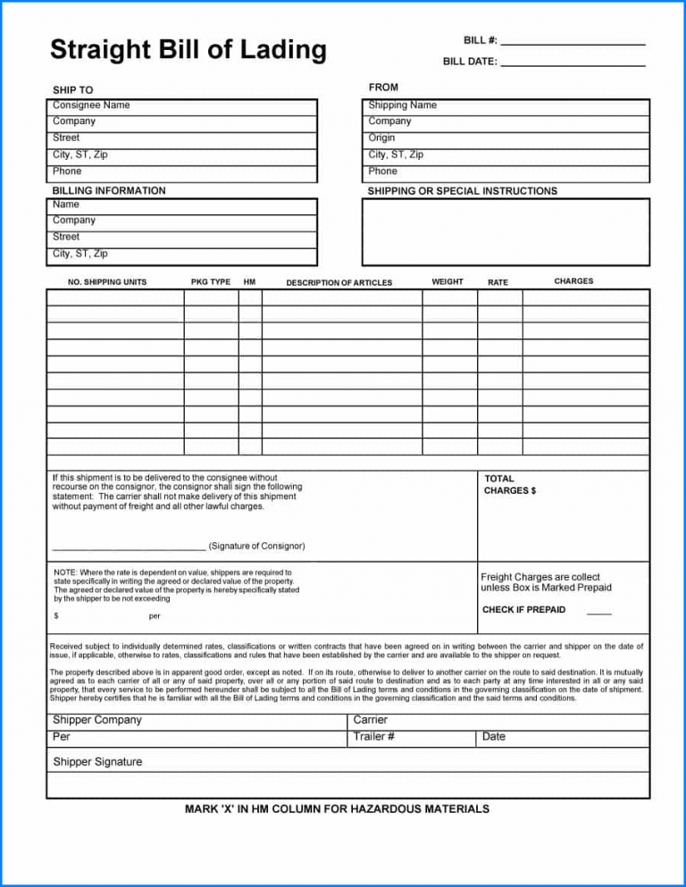 √ Free Printable Generic Bill Of Lading Form