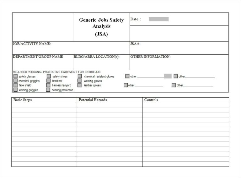 √ Printable Job Safety Analysis Template