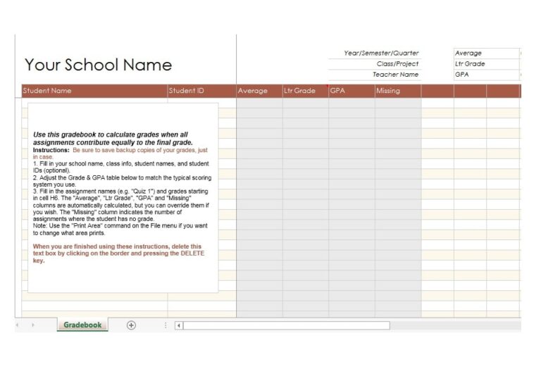 √ Free Printable Gradebook Template (Excel)