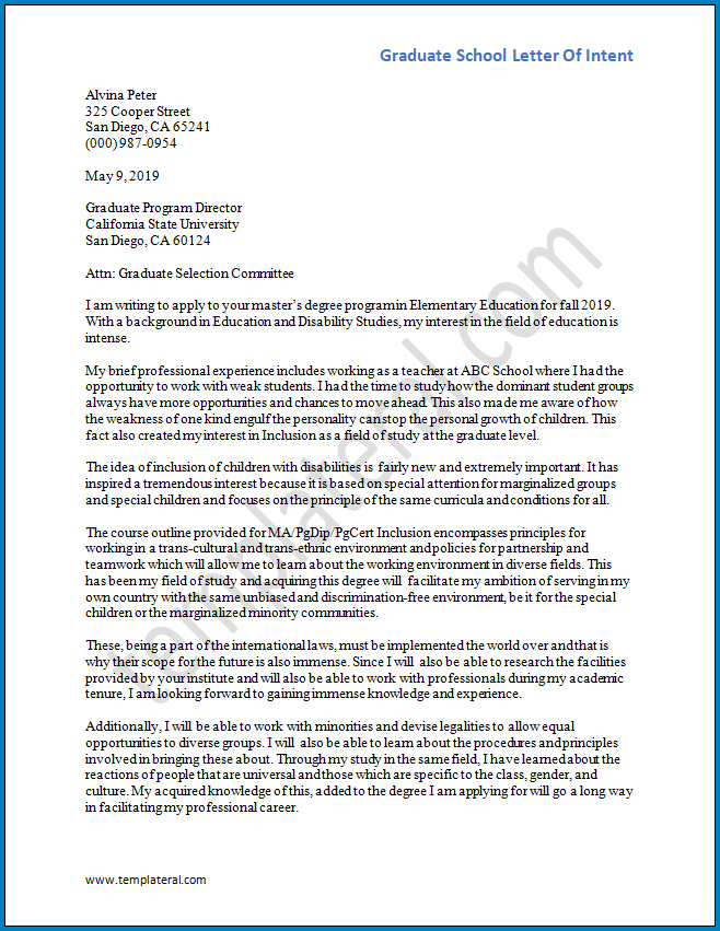  Free Printable Graduate School Letter Of Intent Template