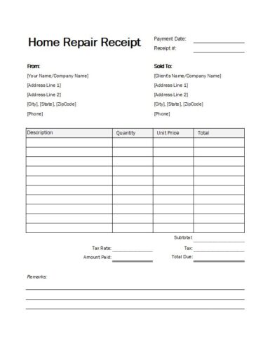 √ Free Printable Home Repair Receipt Template