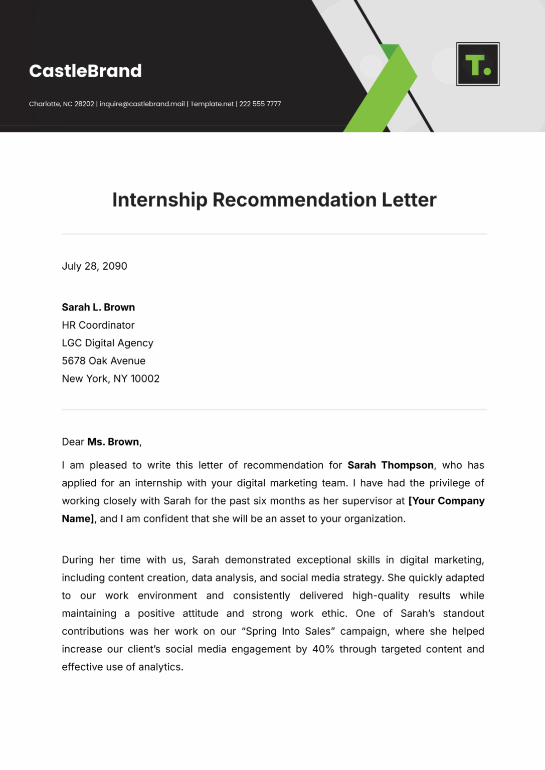 √ Internship Recommendation Letter Template