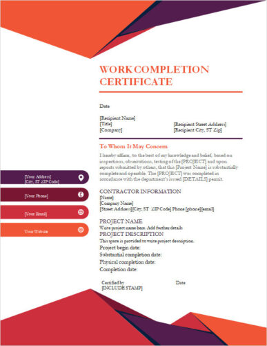 √ Work Completion Certificate Template