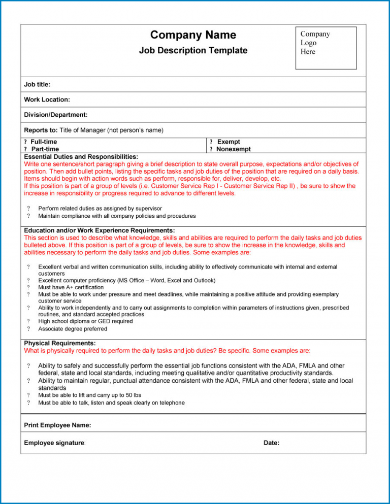√ Free Printable Job Description Template