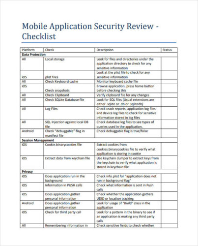 √ Printable Application Security Checklist Template