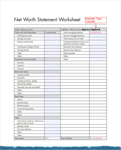 Net Worth Statement Worksheet Template | Templateral