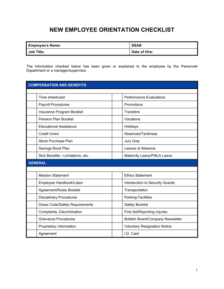 New Employee Orientation Checklist Template Sample | Templateral