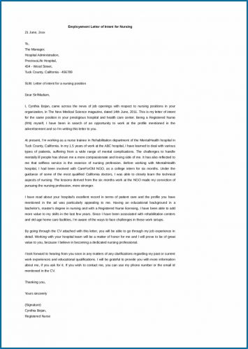 √ Free Printable Nursing Letter Of Intent Template