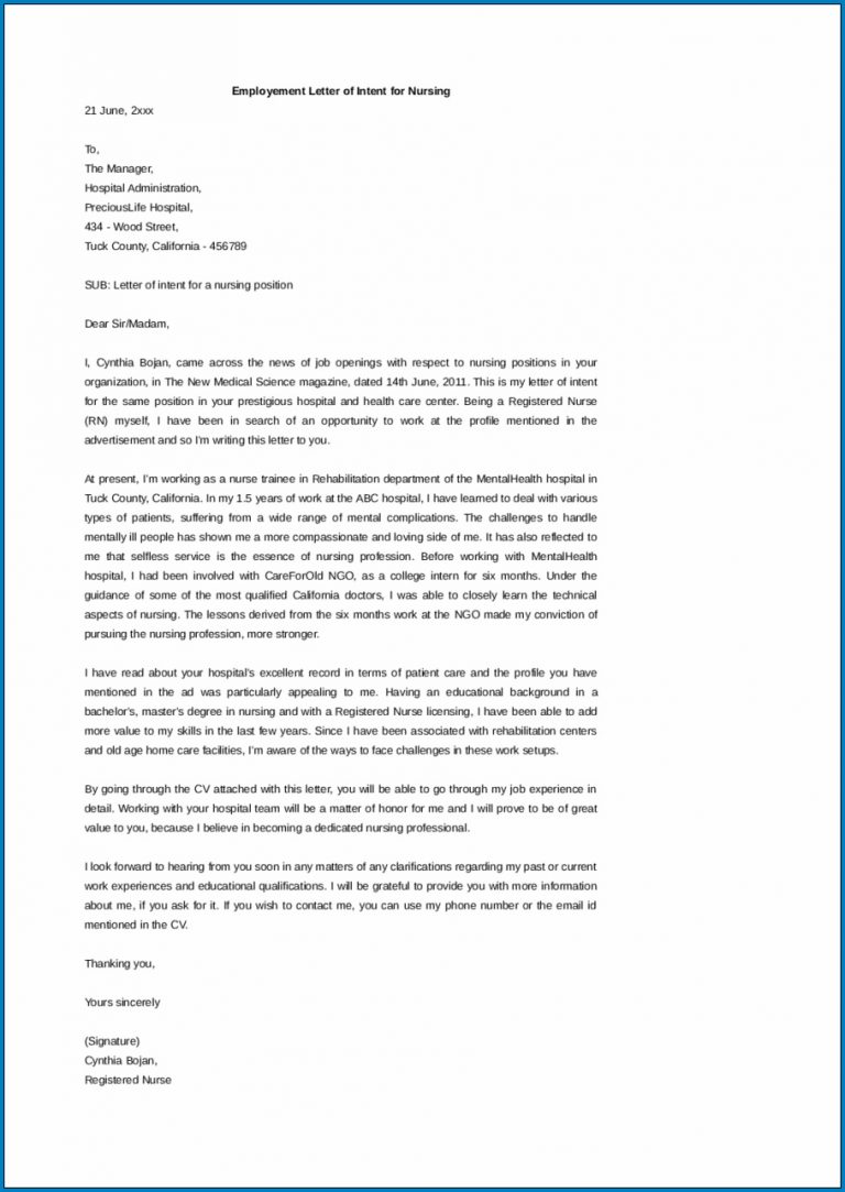 √ Free Printable Nursing Letter Of Intent Template