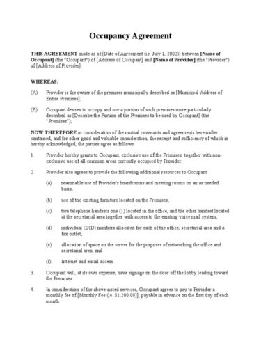√ Occupancy Agreement Template