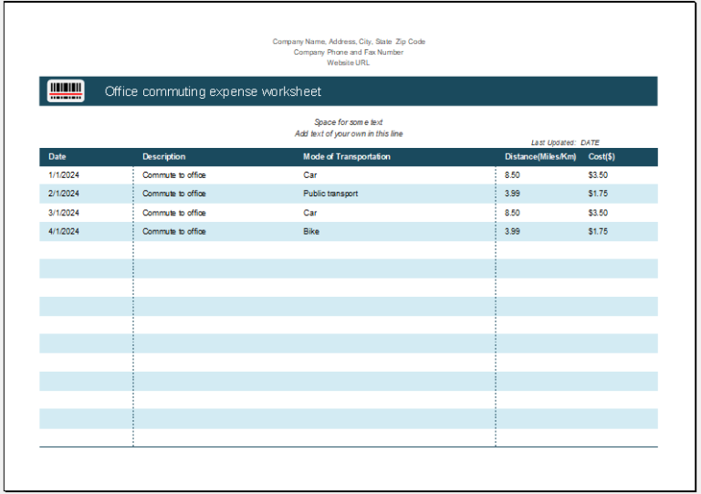 √ Office Commute Expense Worksheet Template