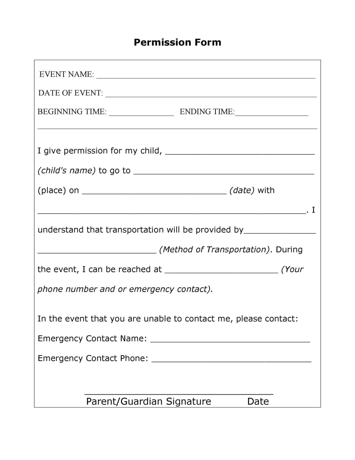 √ Free Printable Parent Permission Form