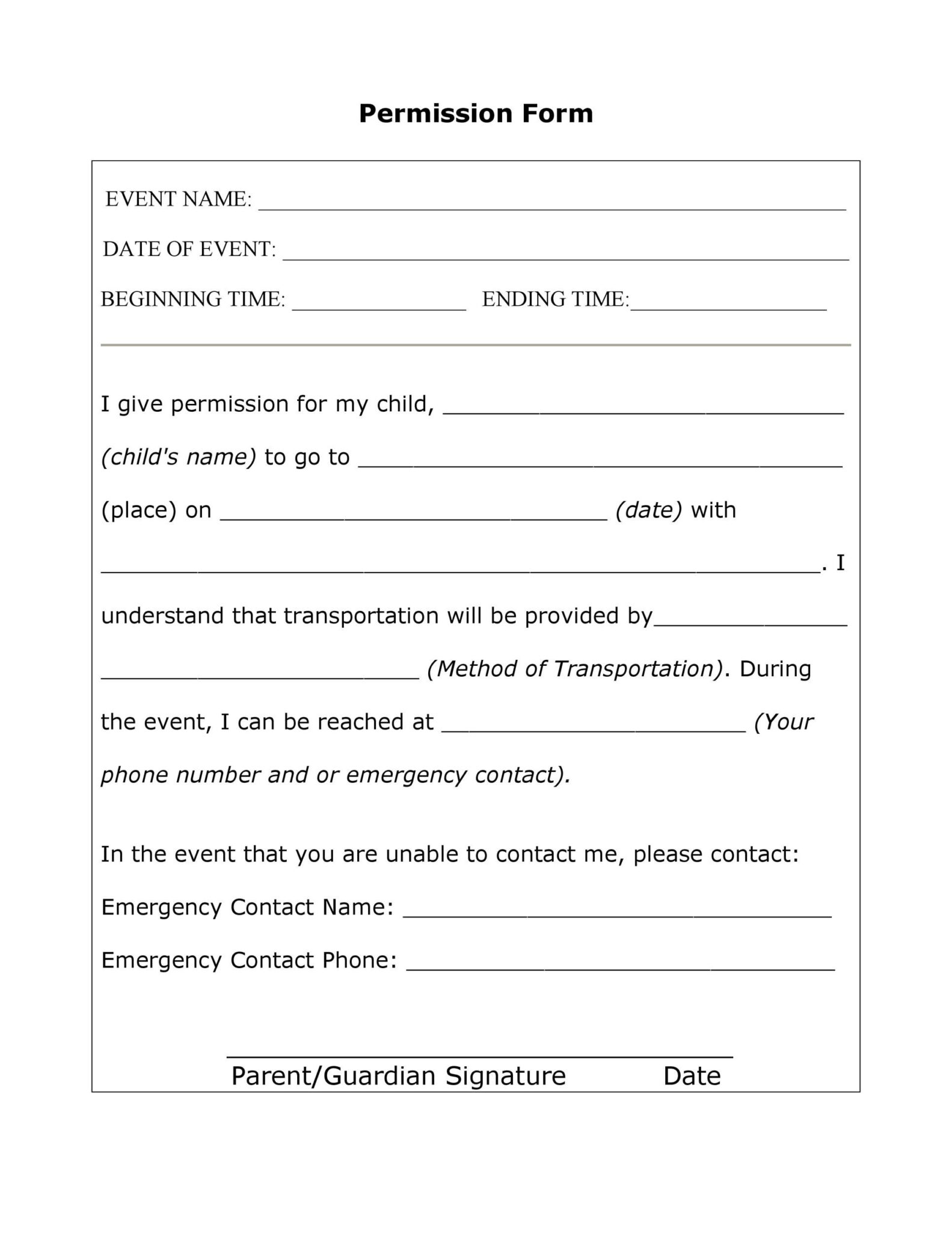 √ Free Printable Parent Permission Form