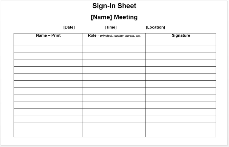 √ Parents School Meeting Sign-in Sheet Template