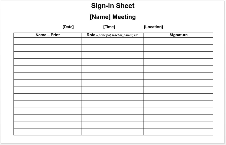√ Parents School Meeting Sign-in Sheet Template