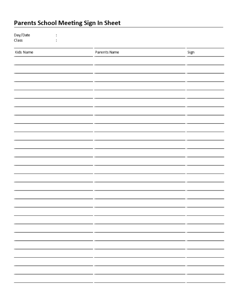 √ Parents School Meeting Sign-in Sheet Template