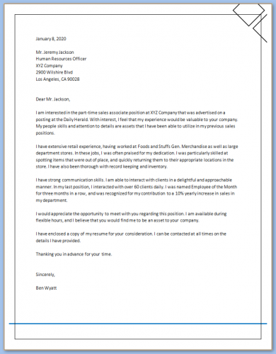 √ Free Printable Part Time Job Cover Letter Template