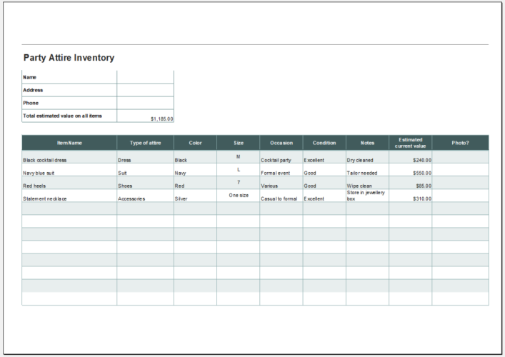√ Party Attire Inventory Template