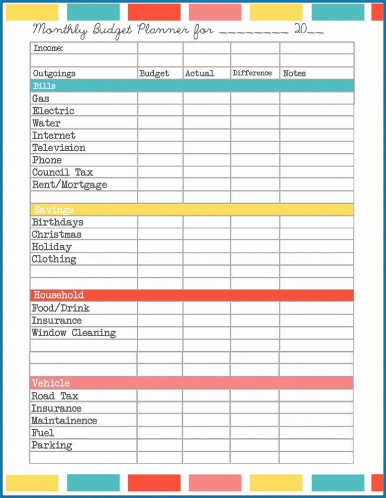 √ Free Printable Personal Budget Planner Template