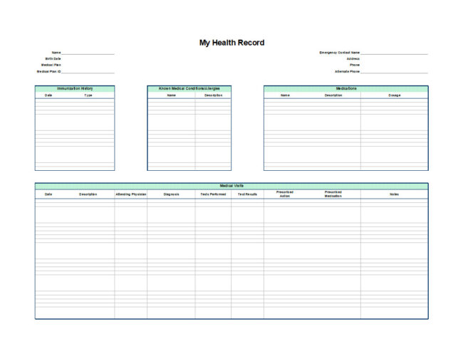 √ Personal Medical Health Record Sheet Template